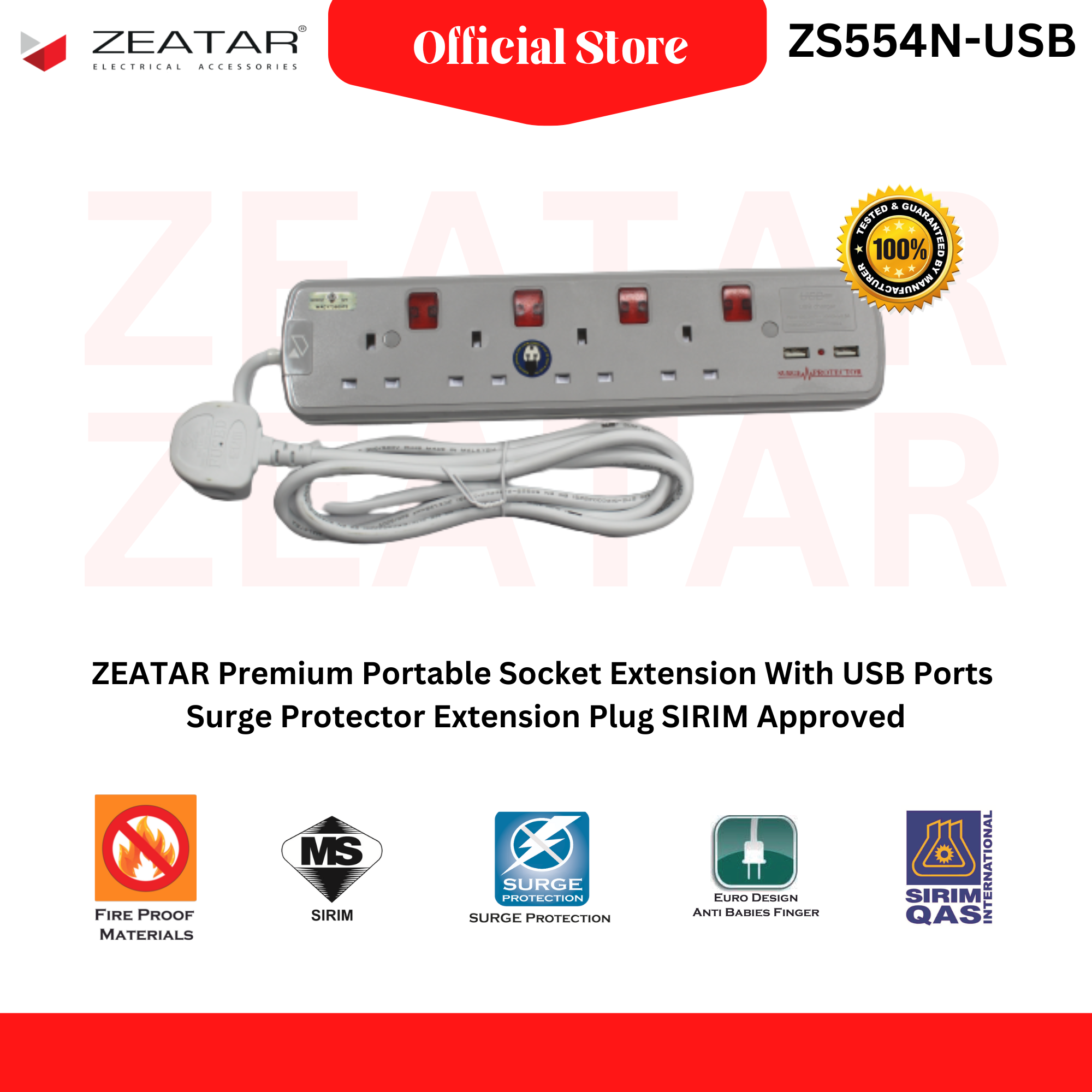 ZEATAR Premium Portable Socket Extension With USB Ports Surge Protector ...