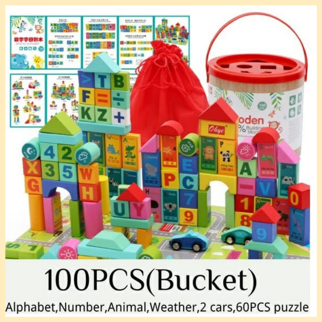 50/100PCS Wooden Building Block CIty Kids Alphabet Numbers Educational ...