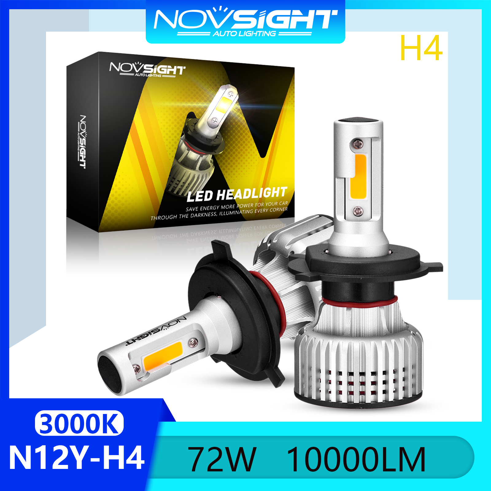 Novsight N12Y H4 LED Headlight Bulb 72W 10000LM 3000K Golden Light LED Lights for Car High/Low ...