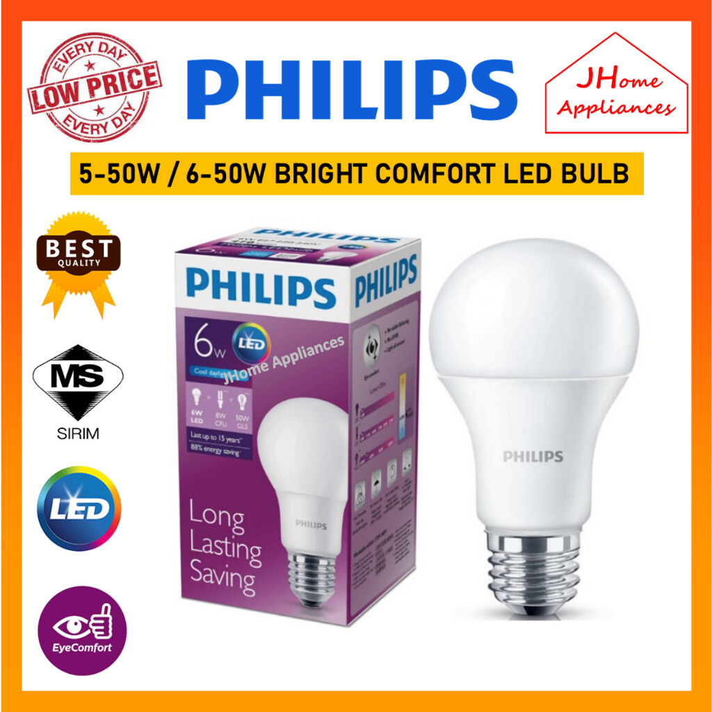 PHILIPS 5W / 6W BRIGHT COMFORT LED BULB E27 (WARM WHITE 3000K / COOL ...