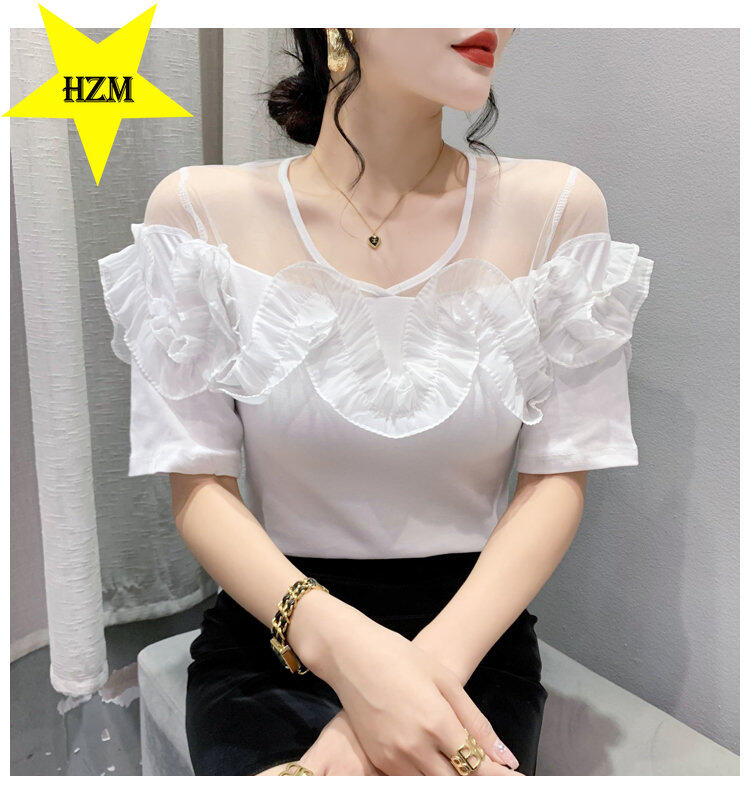 HZM 2023เสื้อยืดสามมิติคอวีแขนสั้นฉบับภาษาเกาหลีคู่กับเย็บสีสดขอบทำจากไม้สำหรับฤดูร้อน | Lazada ...