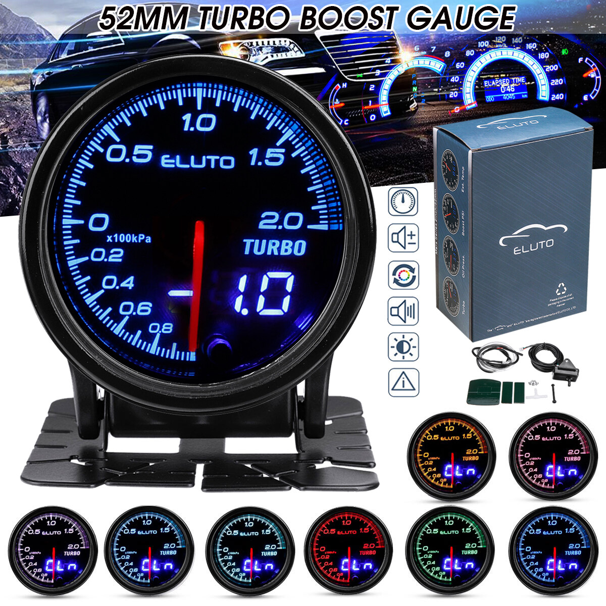 2 ''52มม.10สีดิจิตอล LED Turbo หน้าปัดบูสเตอร์ตัววัดแรงดันเมตร-1 ~ 2 ...