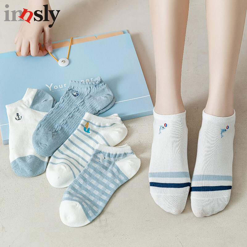 Ins Summer Cotton Breathable Women Socks Blue Embroidered Anchor ...