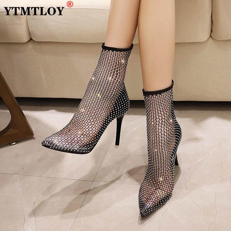 Summer Bling Bling Rhinestone Mesh Pointed toe Sandals Ankle Boots ...