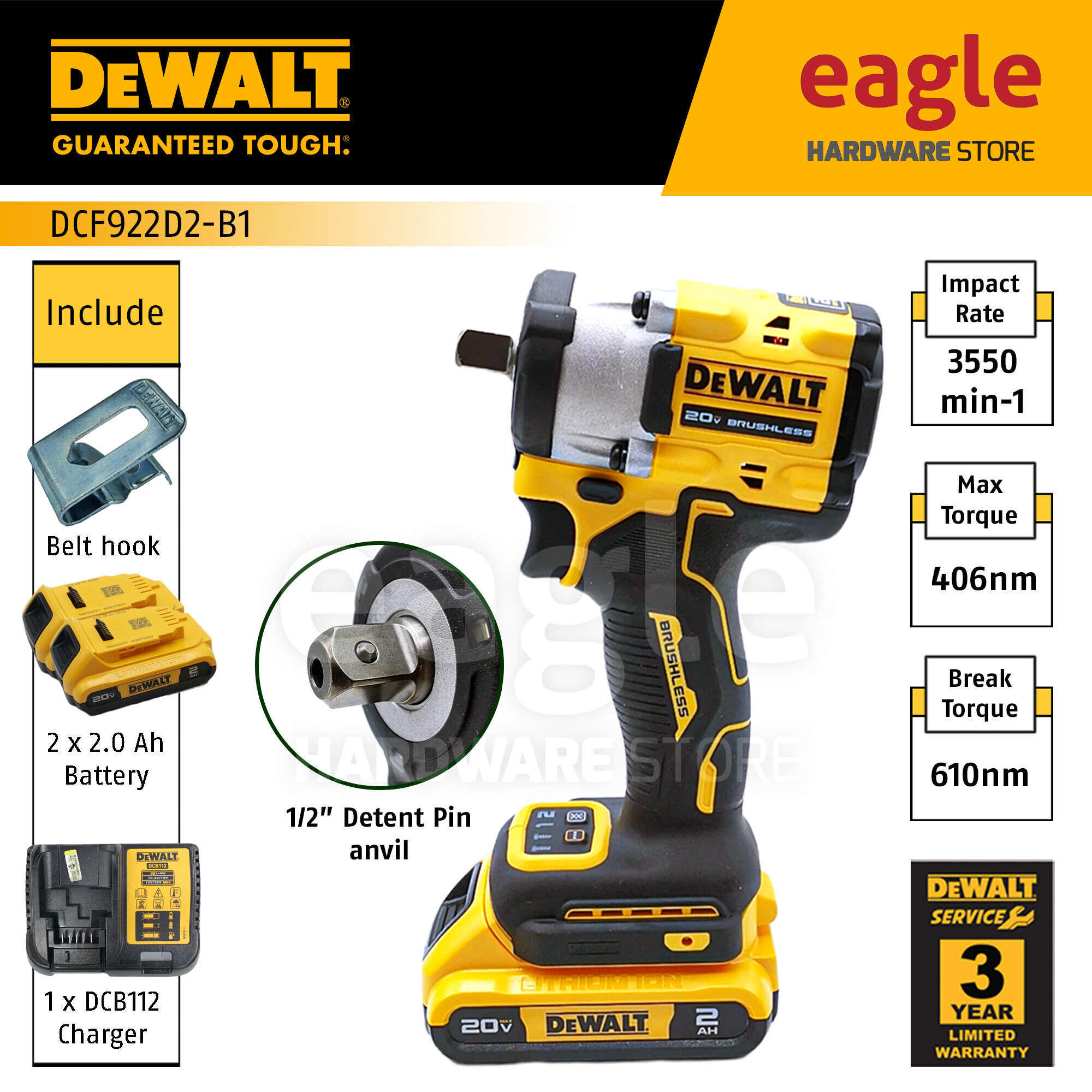 Dewalt DCF922D2-B1 12.7mm ( 1/2” ) 18/20V Brushless Cordless Impact ...