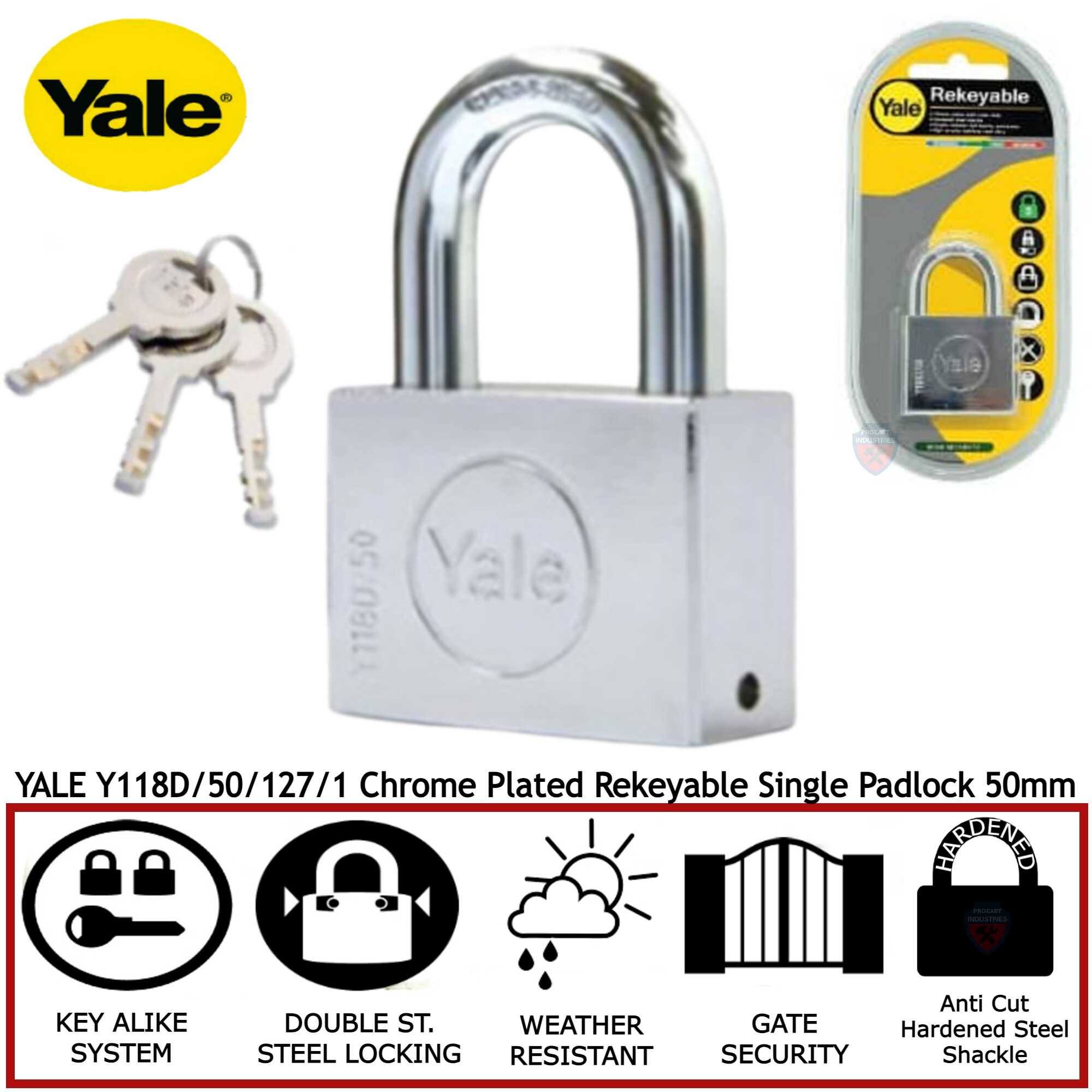 Yale Y118D/50/127/1 Chrome Plated Rekeyable Single Padlock 50mm | Lazada