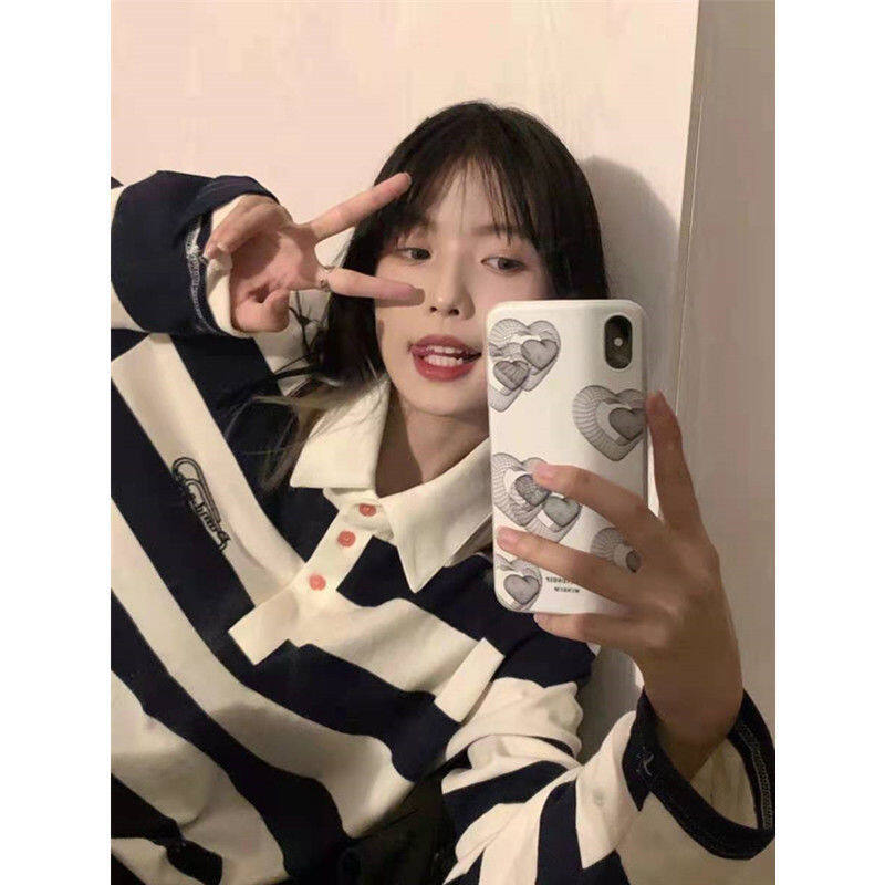COCONI เสื้อโปโลลายทางน่ารักเสื้อผู้หญิงสไตล์เกาหลีใหม่แขนยาวหลวมเสื้อ ...