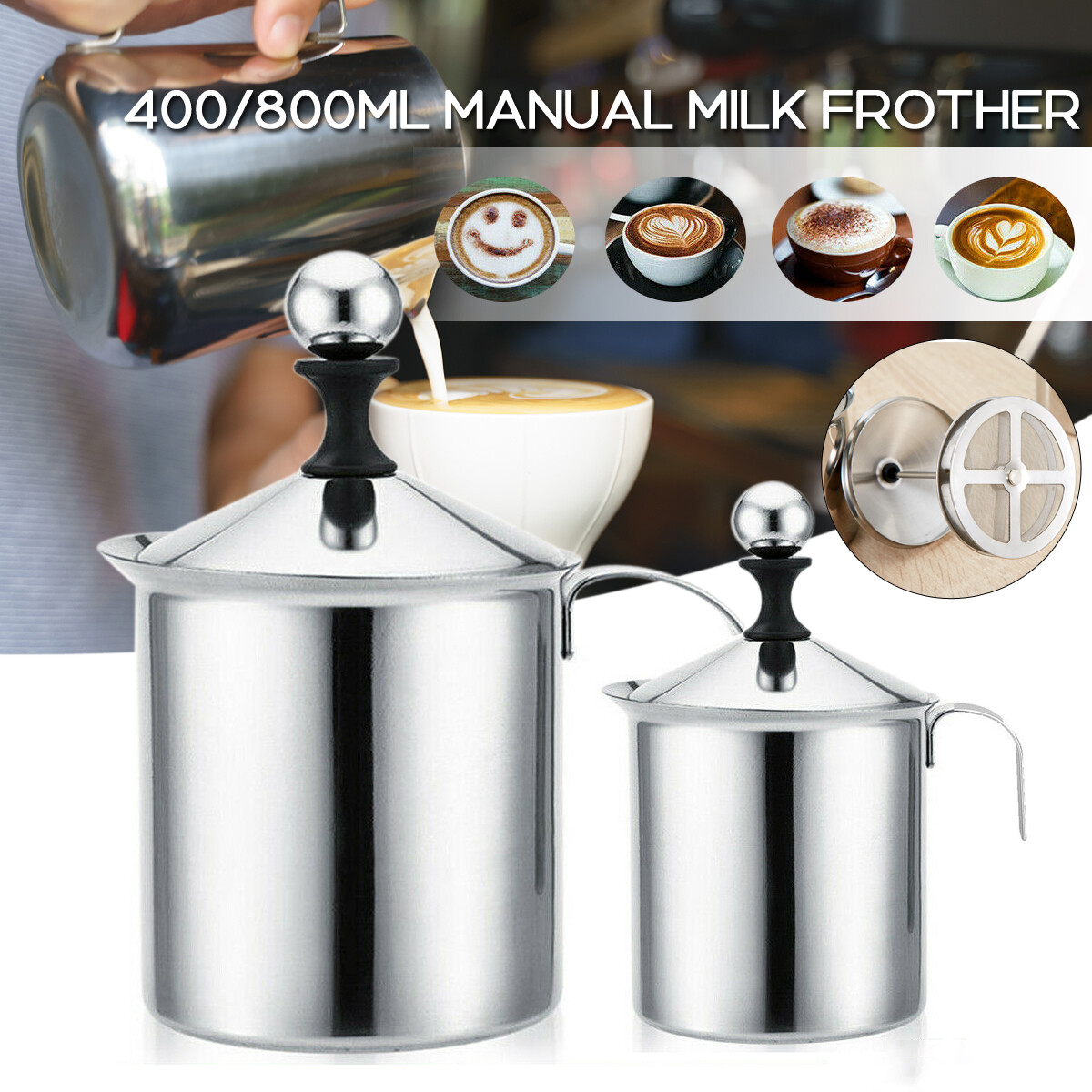 【304/201สแตนเลสมีสี (400/800Ml) คู่มือเครื่องตีฟองนมตาข่ายคู่Foamerเหยือกเหยือกกาแฟคาปูชิโน่ ...