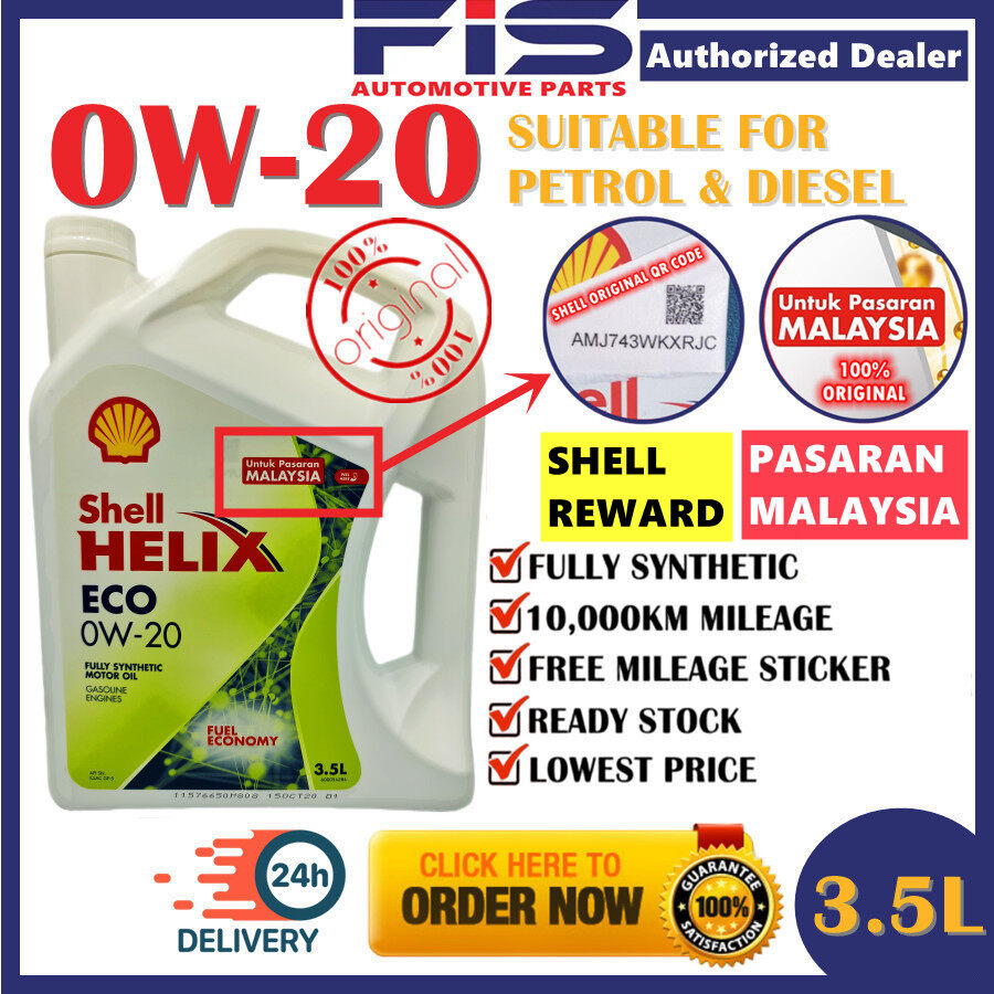 FIS Engine Oil Shell Helix Eco 0W20 3.5Liter Lubricant API SN ILSAC GF ...