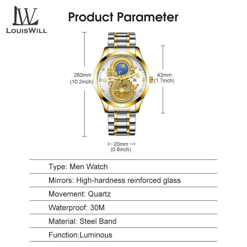 LouisWill Men S Fashion Watch Golden Dragon Sun Moon Star Watch With ...
