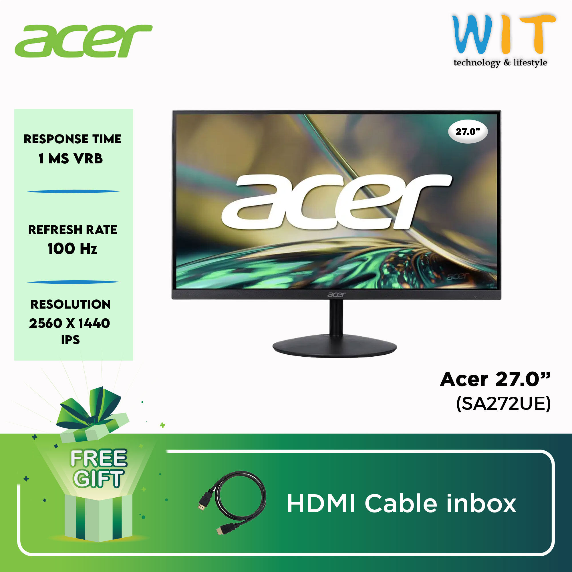 Acer SA272UE Monitor - 27" /1ms VRB /100Hz /QHD 2560 x 1440 /IPS /DP ...