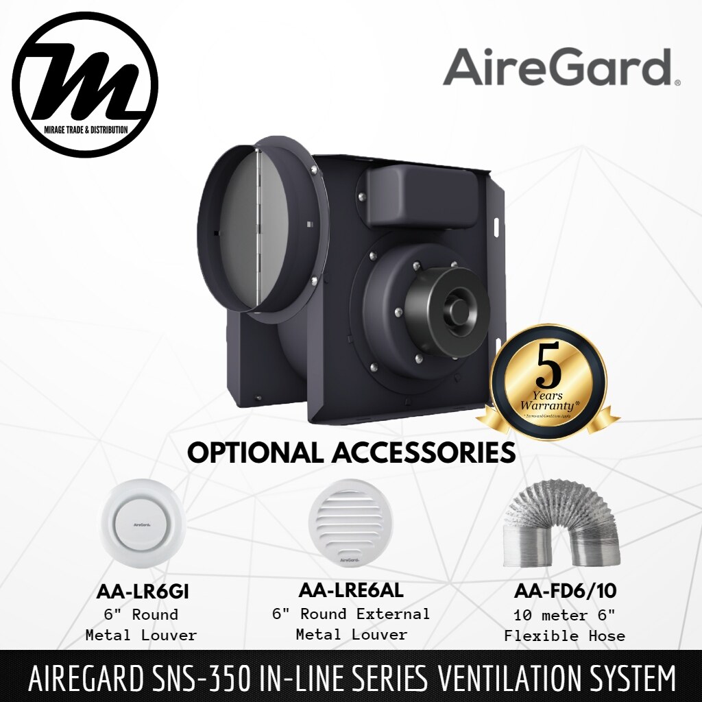 AIREGARD Ventilation Fan SNS-350 (In-Line Series) with Internal Louver ...