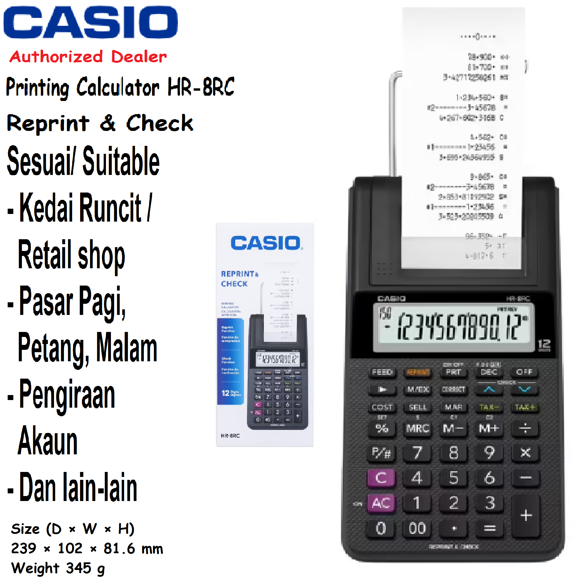 Casio Desktop Printing Calculator Resit Receipt Calculator HR-8RC 12 ...