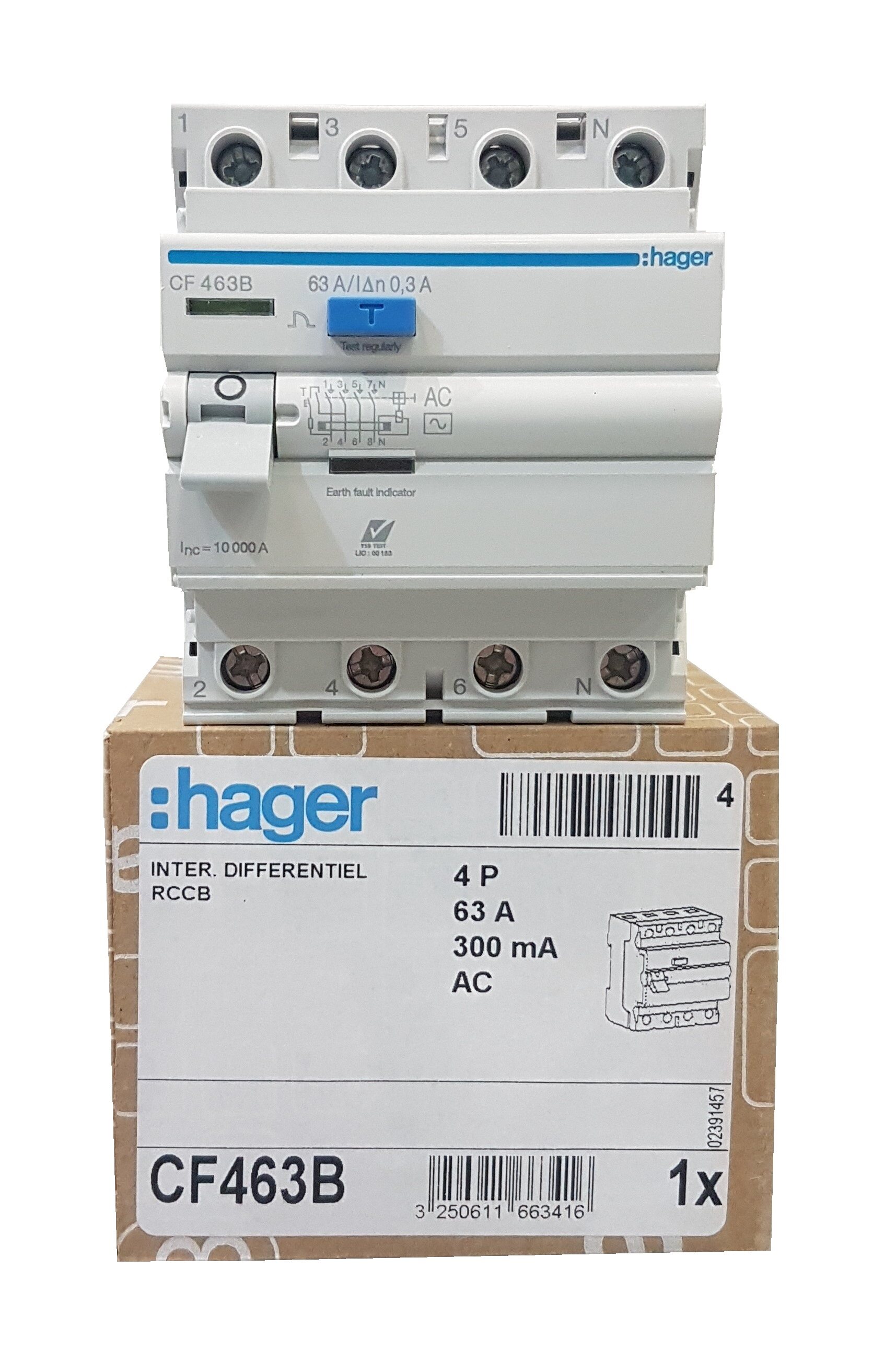 Hager Three Phase Residual Current Circuit Breaker RCCB/ELCB (63A 100mA ...