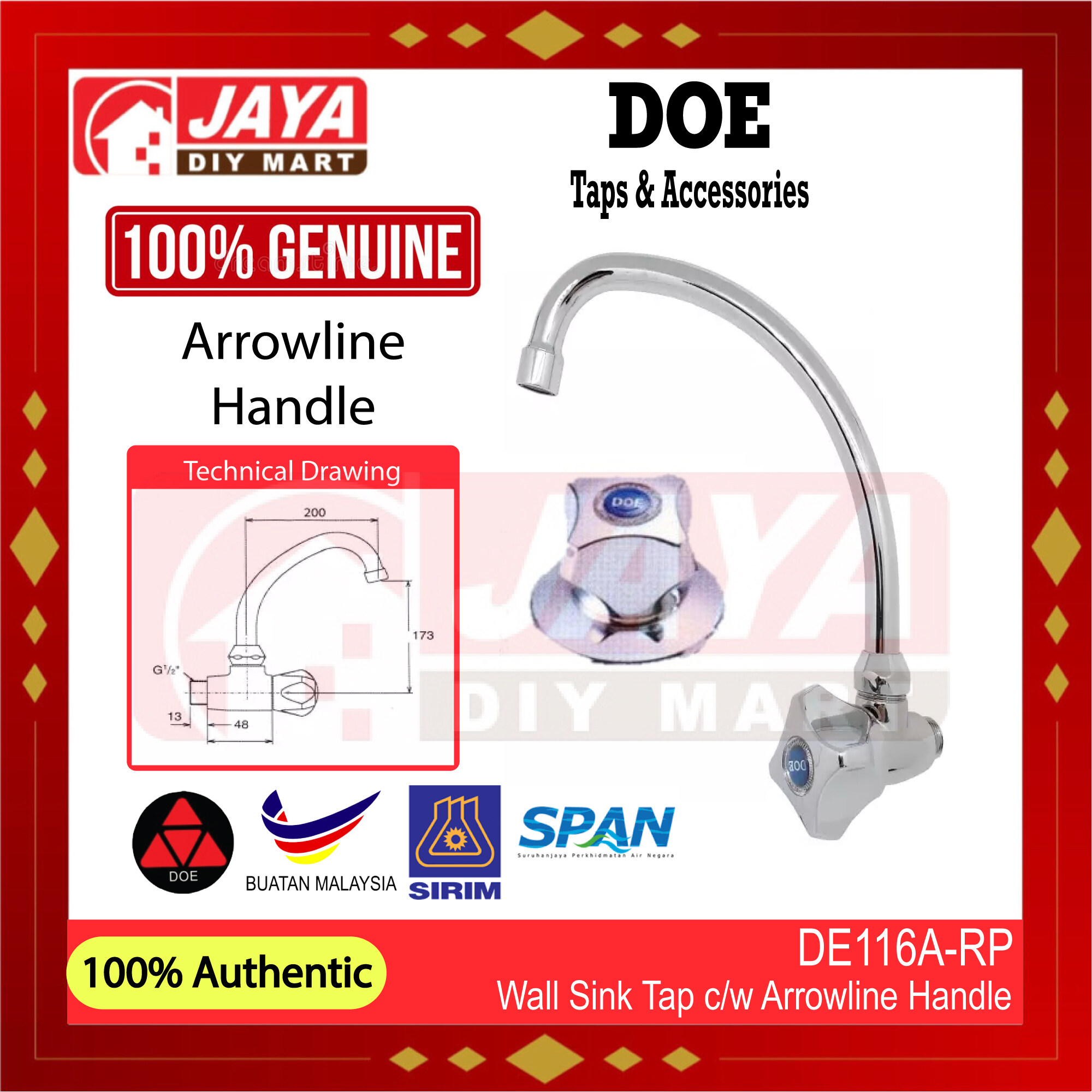 DOE DE 116A-RP 1/2IN CP BRS WALL SINK W/A.LINE ABS HDL DE 116A JAYA DIY MART | Lazada