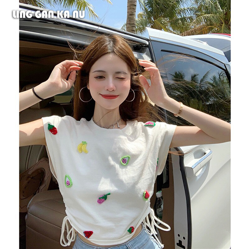 LING GAN KA NU เสื้อครอปไอจี 2022 ฤดูร้อนใหม่เวอร์ชั่นเกาหลีสีน้ำเงิน ...