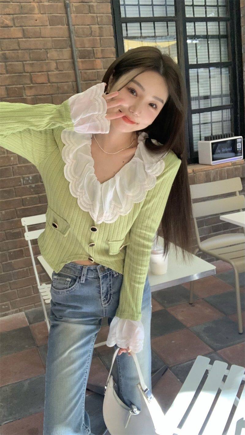 Coconie เสื้อสเวตเตอร์คอปกทรงสลิมสำหรับผู้หญิงดีไซน์ใหม่สไตล์เกาหลี ...