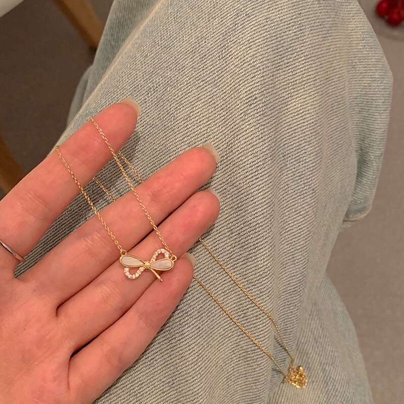 We Flower Ins Chic 14K Gold Shell Butterfly Crystal Bow Pendant Necklace for Women Girls Fashion ...