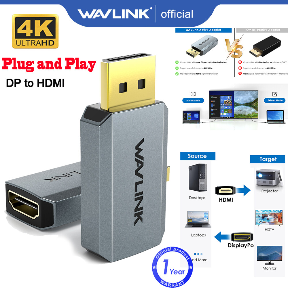 Wavlink Aluminum Plug And Play 4k/2k 60hz Displayport to HDMI Adapter, Mini Uni-Directional ...