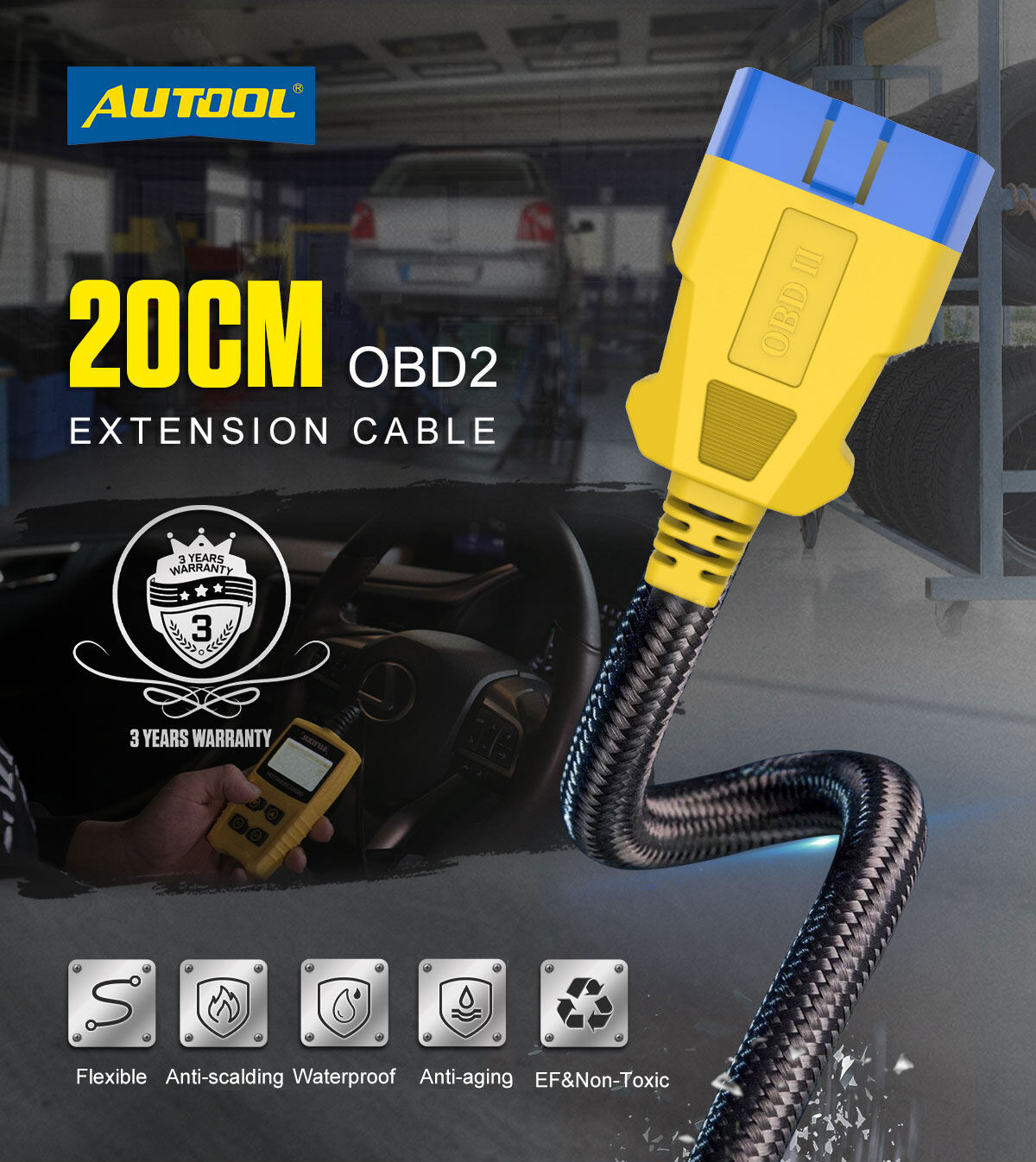 AUTOOL เสริมไนลอน OBD สาย 36 ซม. + 20 ซม. รวมกัน - AUTOOL Official ...