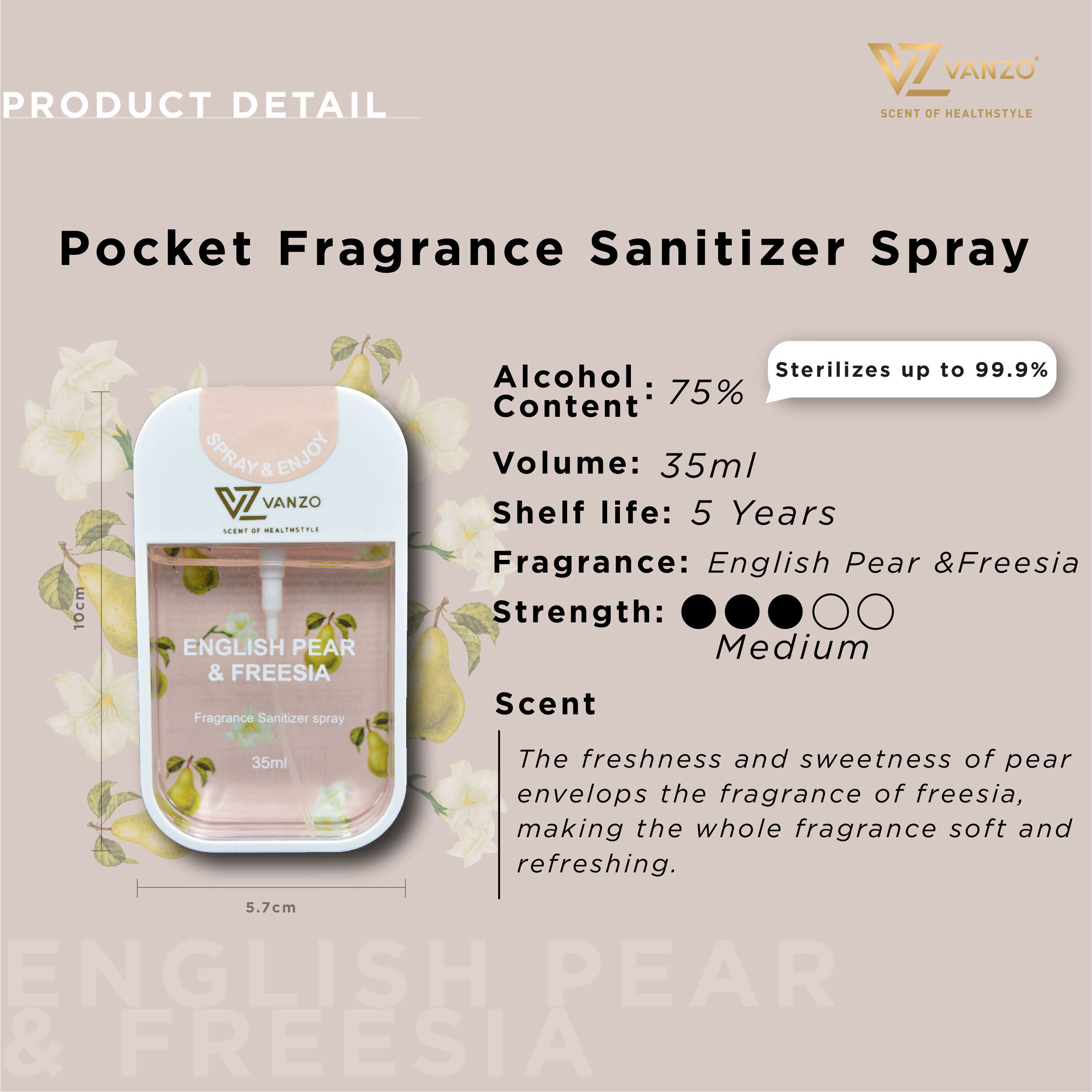 ORIGINAL VANZO Pocket Fragrance Sanitizer 35ml Spray English Pear ...
