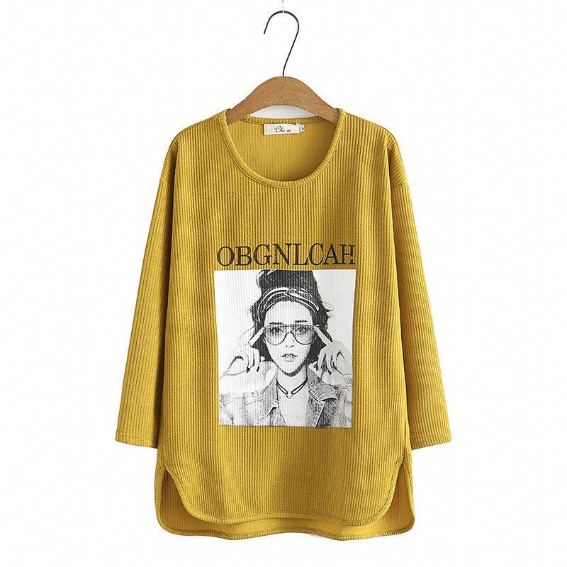 เสื้อยืดขนาดใหญ่ผู้หญิงฤดูใบไม้ผลิและฤดูใบไม้ร่วงใหม่หลวมพิมพ์สไตล์