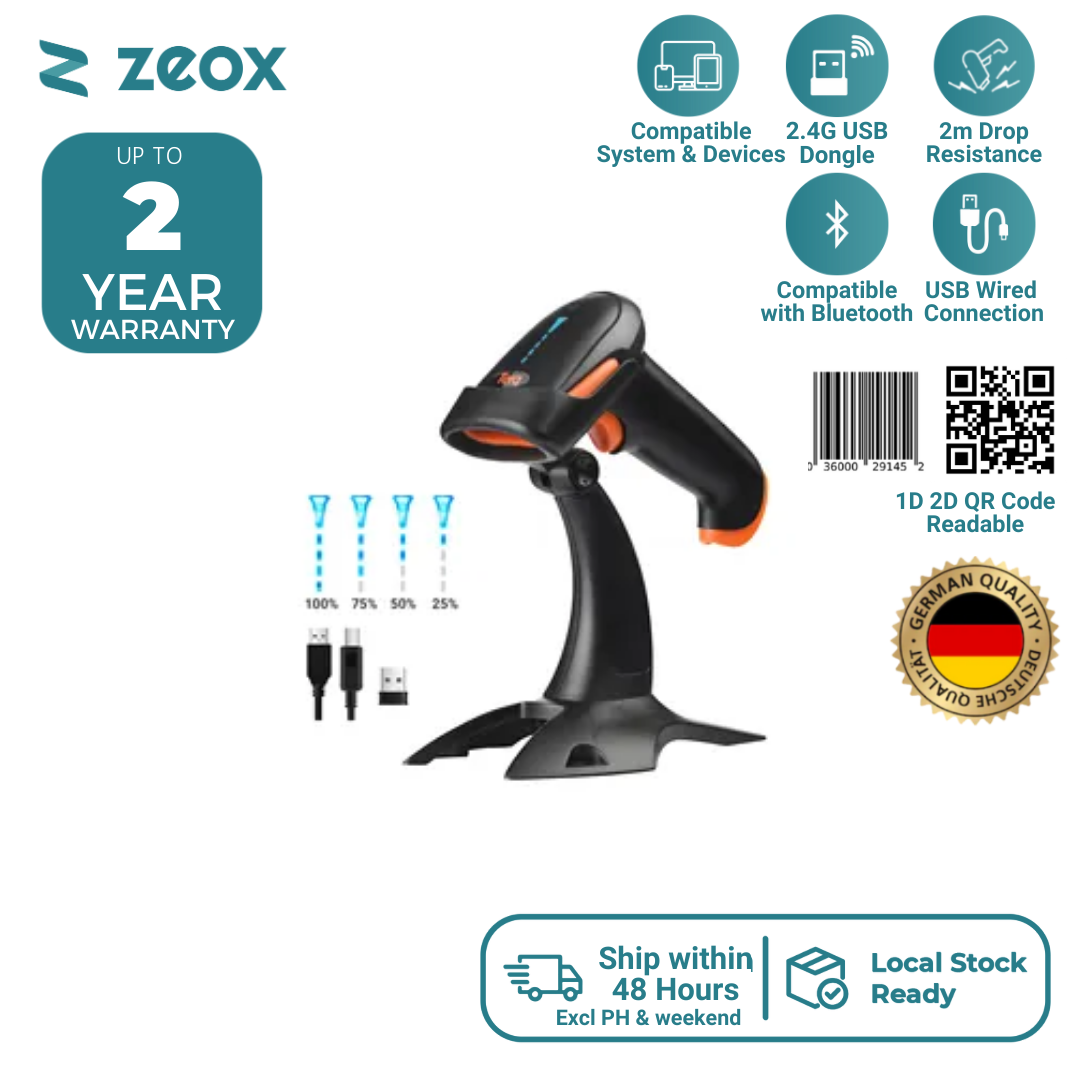 Zeox Wireless Barcode Scanner 2D QR Code ZT50 Pro Handheld Stand Auto ...
