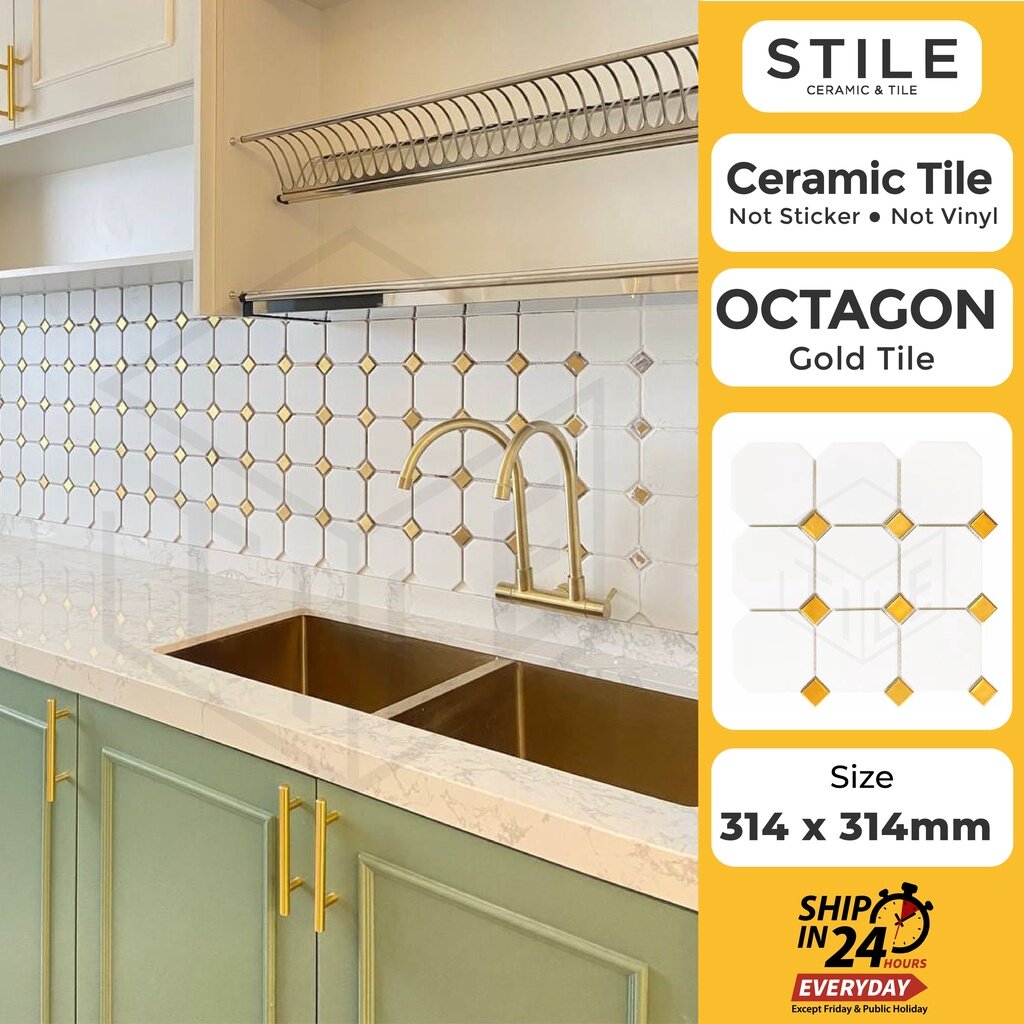 [REAL TILE] Octagon Gold Mosaic Tiles /Mozek/Ceramic Tiles/Mozek Bilik ...