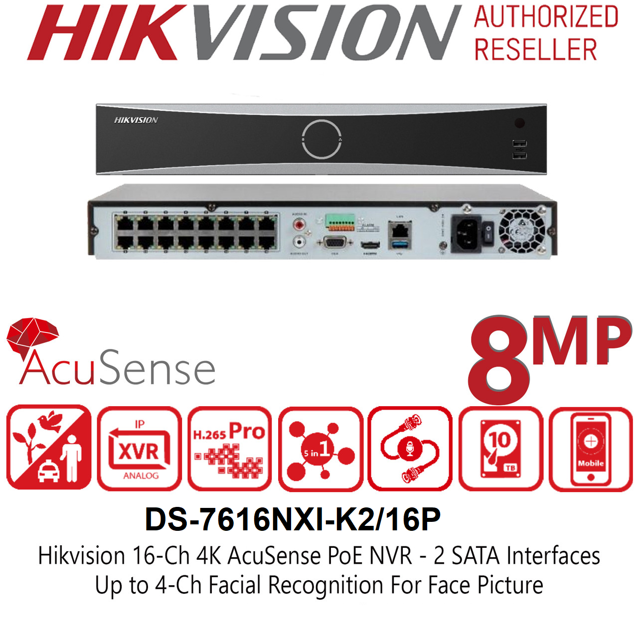 16 Channel Hikvision DS-7616NXI-K2/16P Acusense 4K POE NVR - 16 Channel Hikvision DS-7616NXI-K2 ...