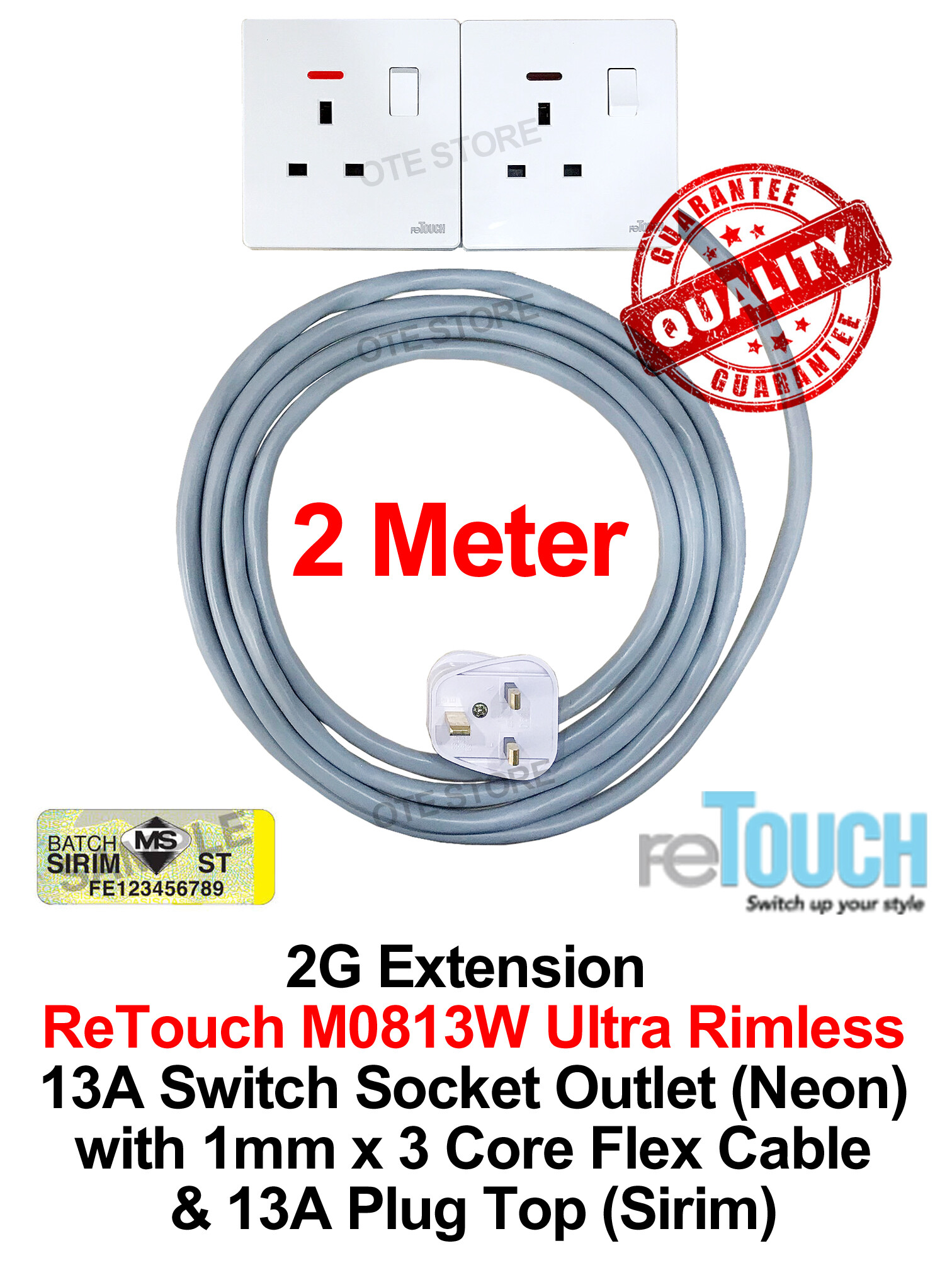 2G Extension ReTouch M0813W Ultra Rimless 13A Switches Socket Neon with ...