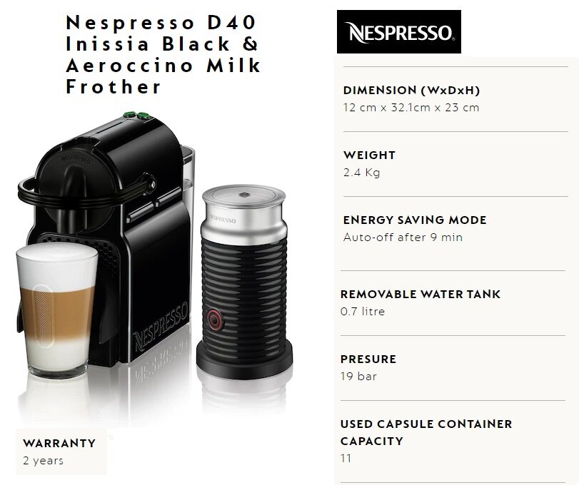 NESPRESSO D40 Inissia Black & Aeroccino Milk Frother A3D40-ME-BK-NE4 ...