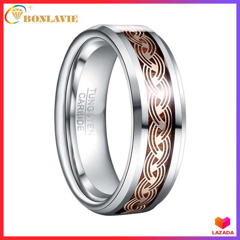 BONLAVIE 8mm Mens Tungsten Carbide Ring with Golden Corrugated Pattern Engagement Wedding Band ...