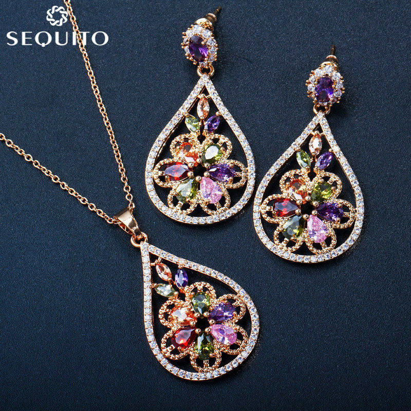 SEQUITO Luxurious Colorful Flower AAA CZ Stones Long Water Drop ...
