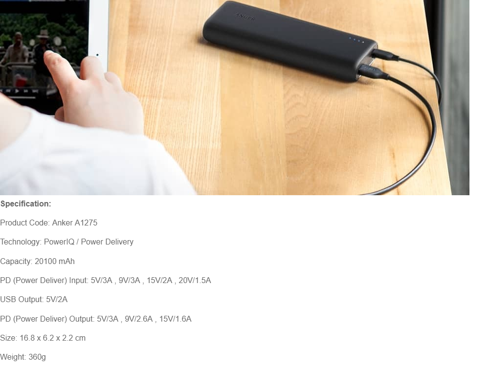 Anker A1275 PowerCore Speed 20100mAh Power Delivery Power Bank 24W ...