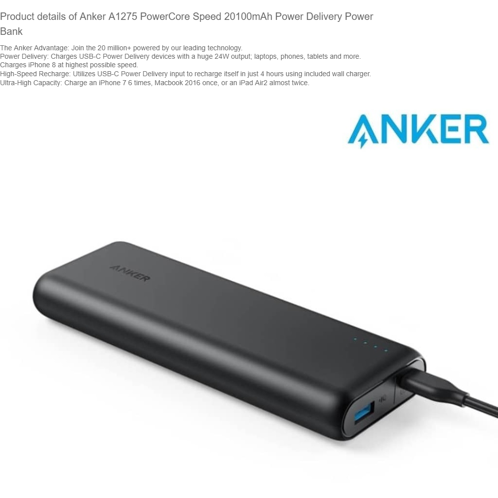 Anker A1275 PowerCore Speed 20100mAh Power Delivery Power Bank 24W ...
