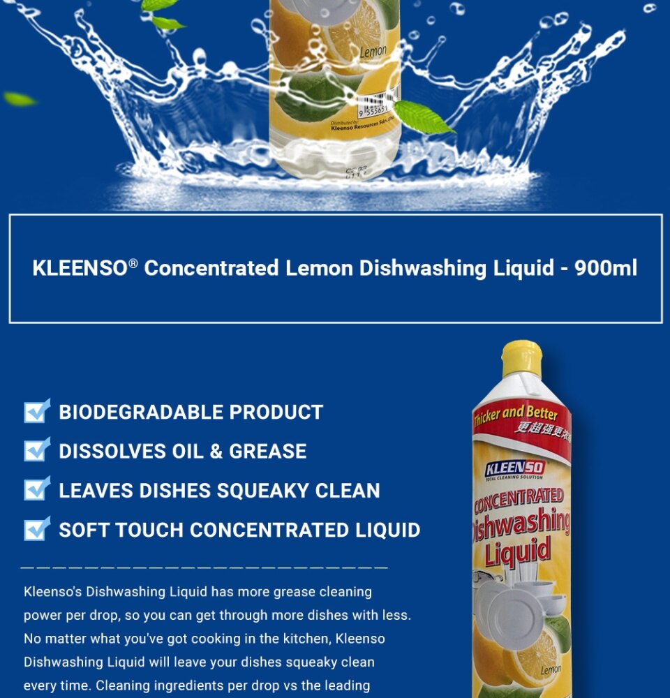 Kleenso Concentrated Lemon Dishwashing Liquid - 900ml - Kleenso.my