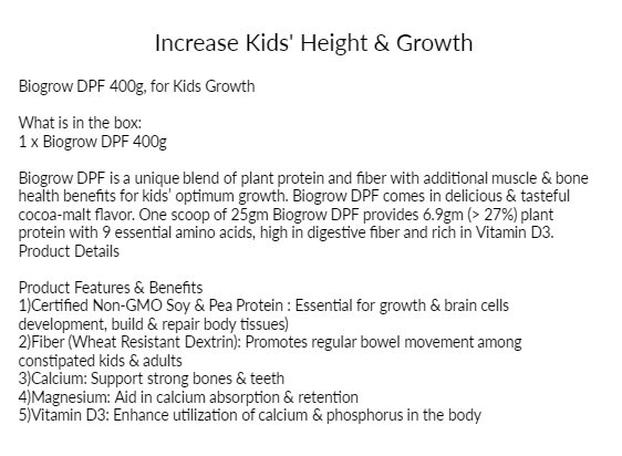 Biogrow DPF Protein Powder 400g, Increase Kids Growth [EXPIRY 03/2019 ...